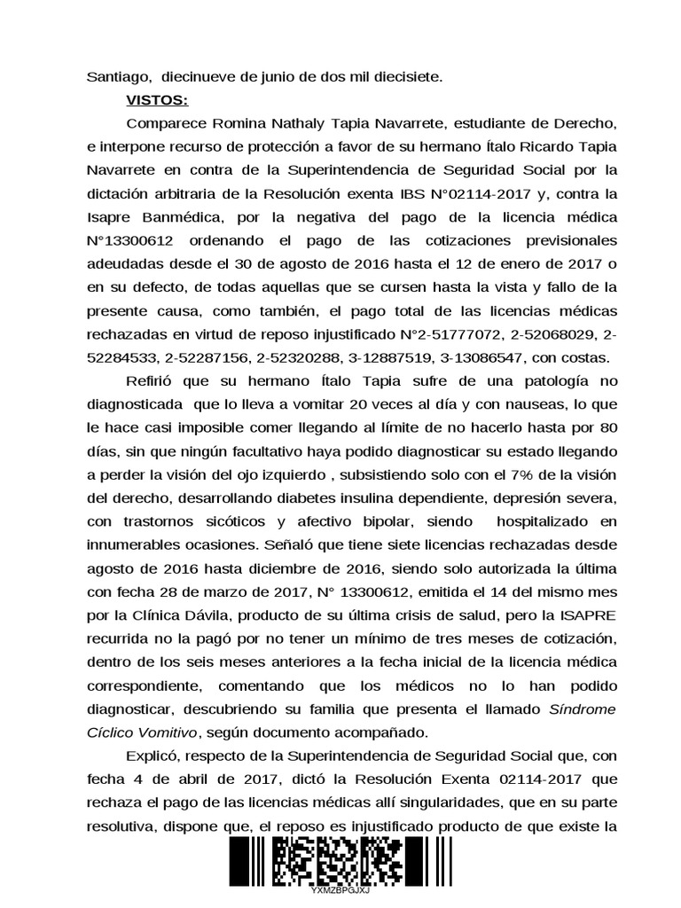 Recurso Proteccion Rechado de Licencias Medicas | PDF | Derecho ...