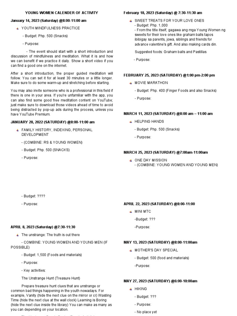 Young Women Calender of Activity | PDF