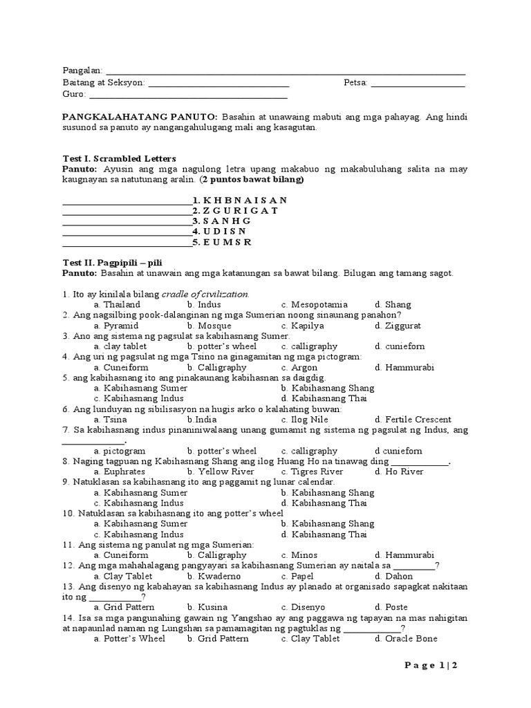 2nd Unit Test Grade 7 AP | PDF