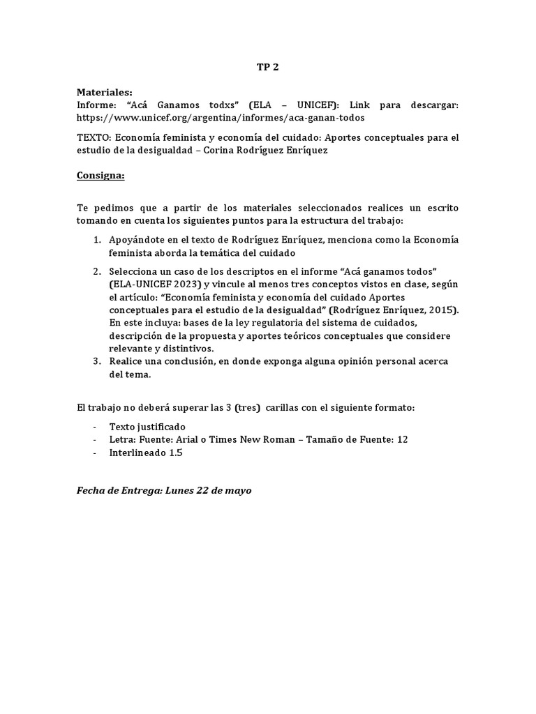 CONSIGNA TP 2 - Economía Feminista | PDF | Finanzas y dinero | Ciencias sociales