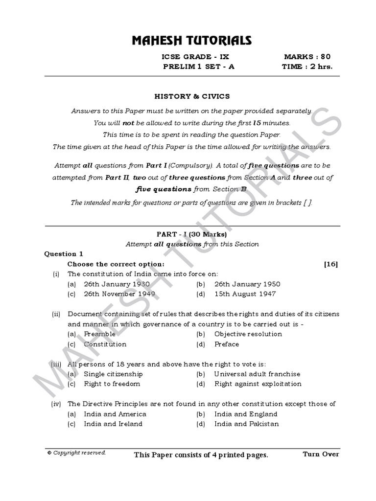 IX - History - Prelim - I - Set A (QP) | PDF