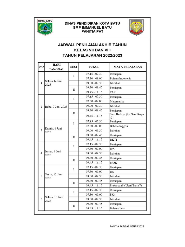 JADWAL PAT KELAS VII - VIII 22 - 23 New | PDF