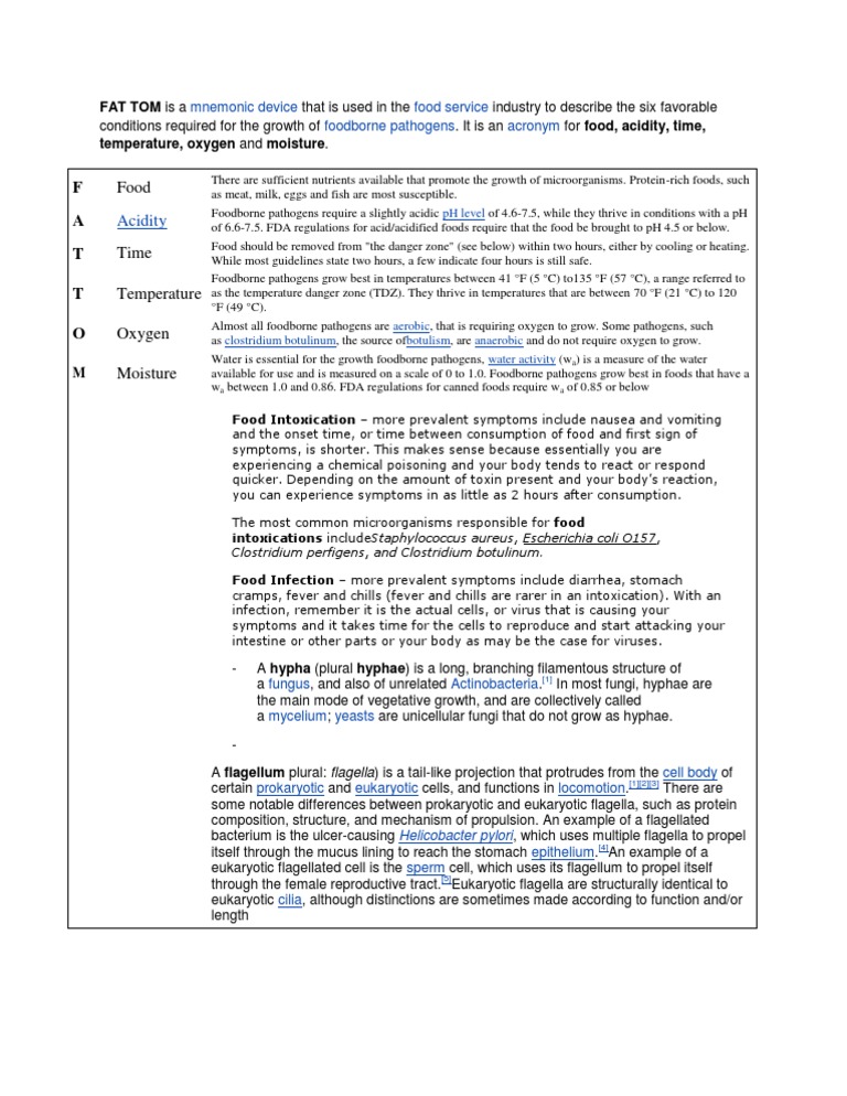 FAT TOM food safety mnemonic | PDF | Cell (Biology) | Microbiology