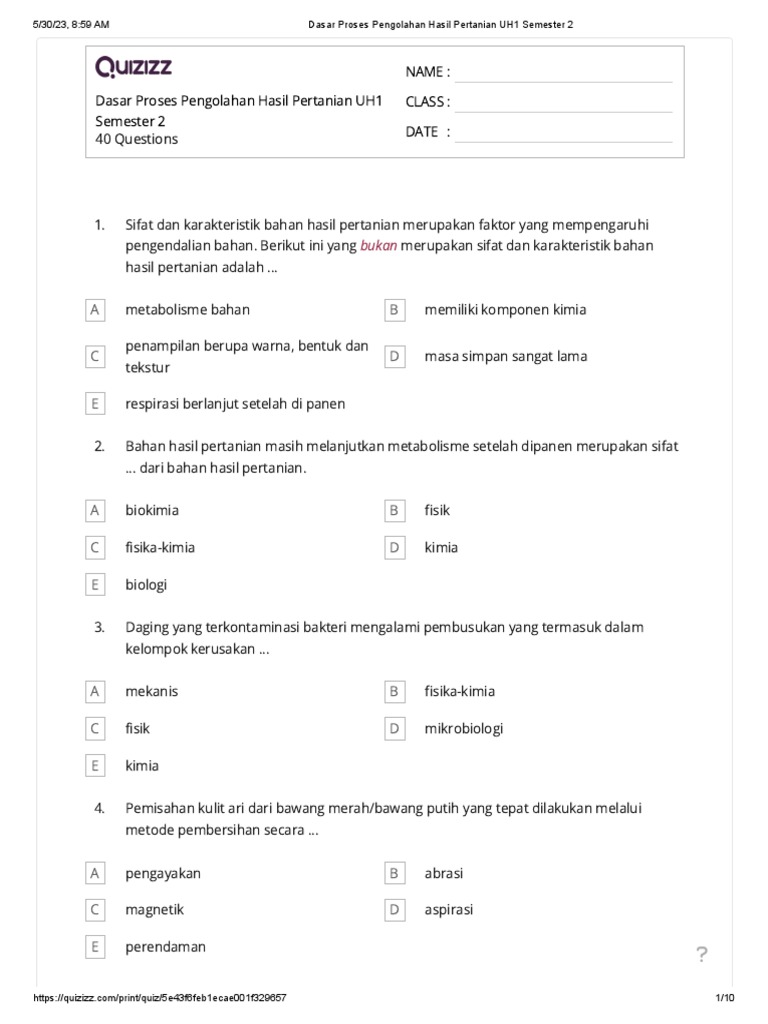 Dasar Proses Pengolahan Hasil Pertanian UH1 Semester 2 | PDF