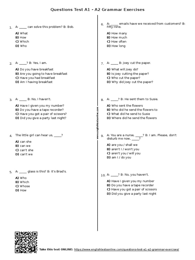 460 - Questions Test A1 A2 Grammar Exercises | PDF