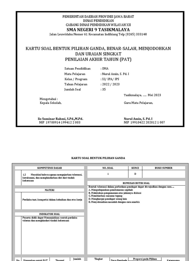 Kartu Soal PAT PABP 2023-Word | PDF