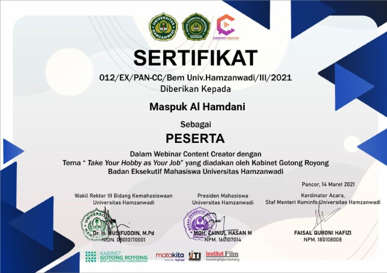 SERTIFIKAT WEBINAR CONTENT CREATOR Maspuk Al Hamdani | PDF