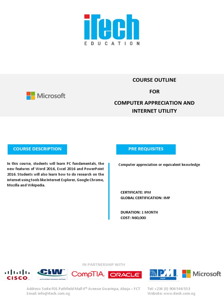 Course Outline FOR Computer Appreciation and Internet Utility Associate ...