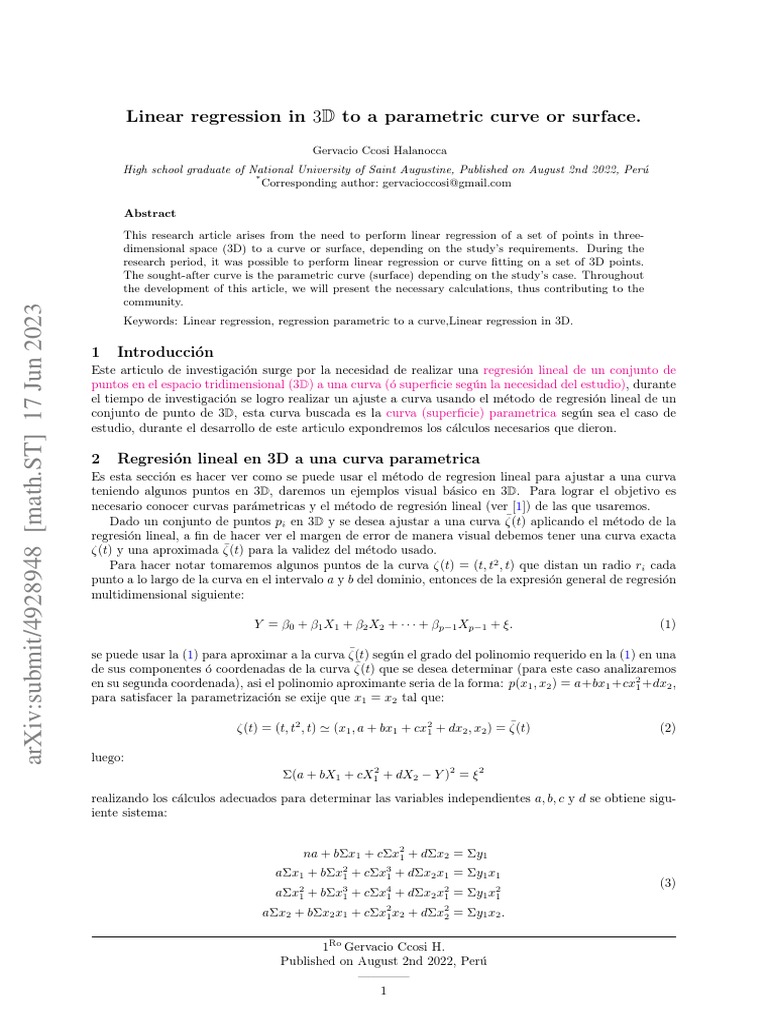Linear Regression in 3D To A Parametric Curve or Surface. | PDF | Enseñanza de matemática ...