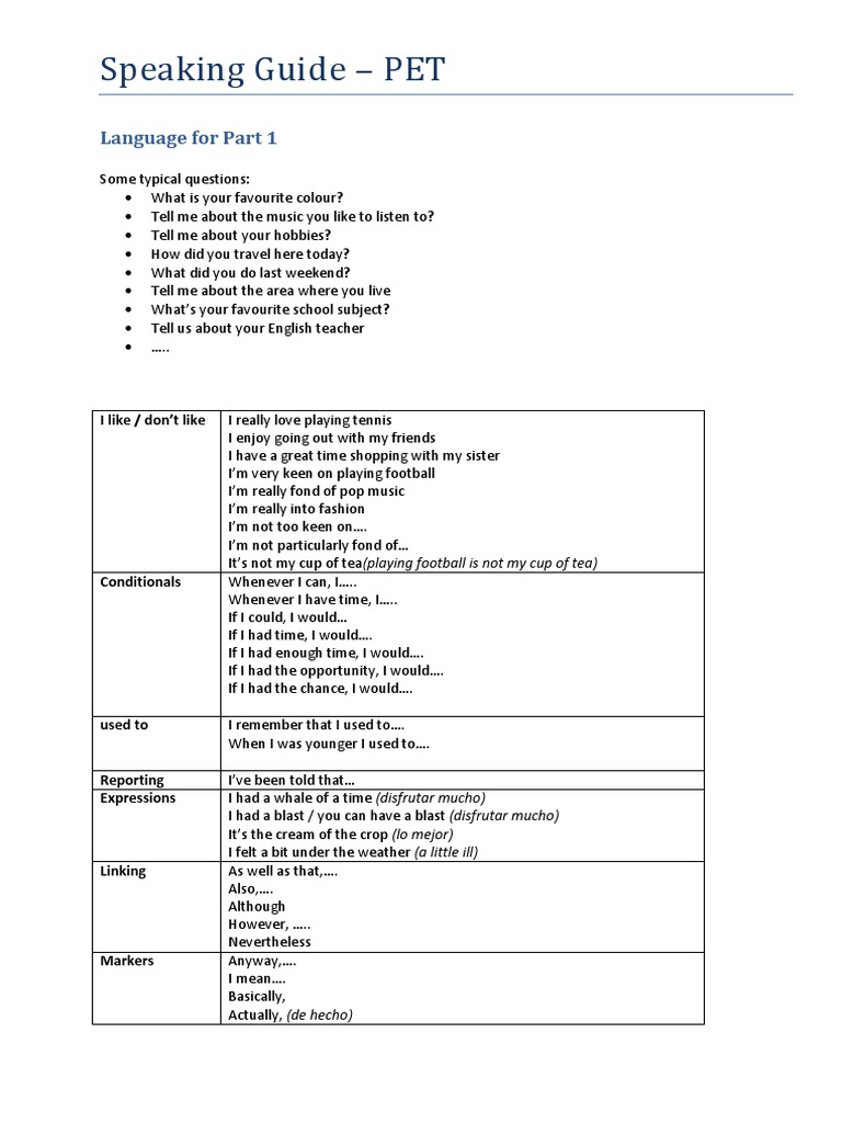 Speaking Guide - PET | PDF