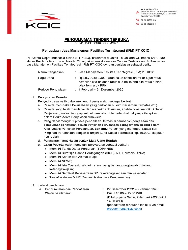 Surat Pengumuman Tender IFM | PDF
