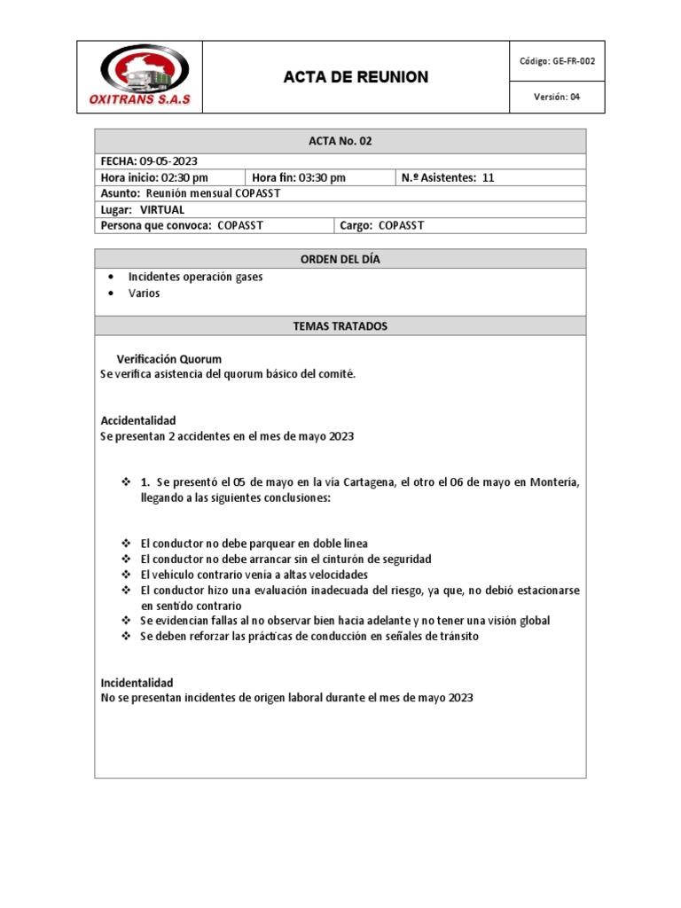 02 Acta de Reunión COPASST 2023 | PDF