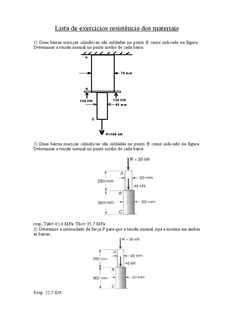 Lista de Exercícios Resistência Dos Materiais | PDF | Estresse (Mecânica) | Eixo