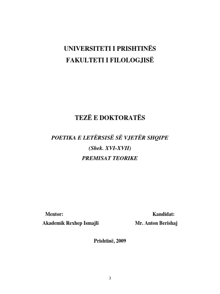 Anton BERISHAJ - Poetika e Letërsisë Së Vjetër Shqipe (Shek. XVI-XVII) Premisat Teorike | PDF