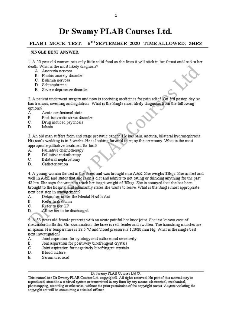 16 Sept 2023 PLAB 45 Mock | PDF | Dementia | Breast Cancer