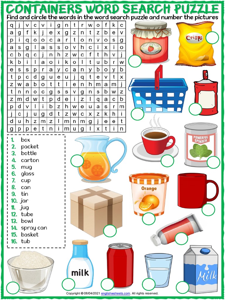 Containers Vocabulary Esl Word Search | PDF