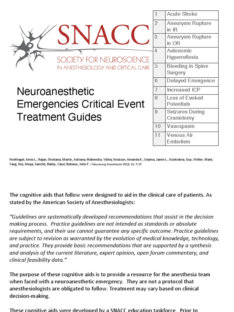 SNACC Cognitive Aids For Neuroanesthetic Emergencies - 9 - 25 - 2020 ...