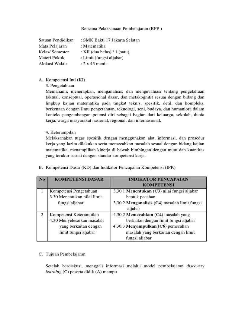 RPP Limit Fungsi Aljabar | PDF