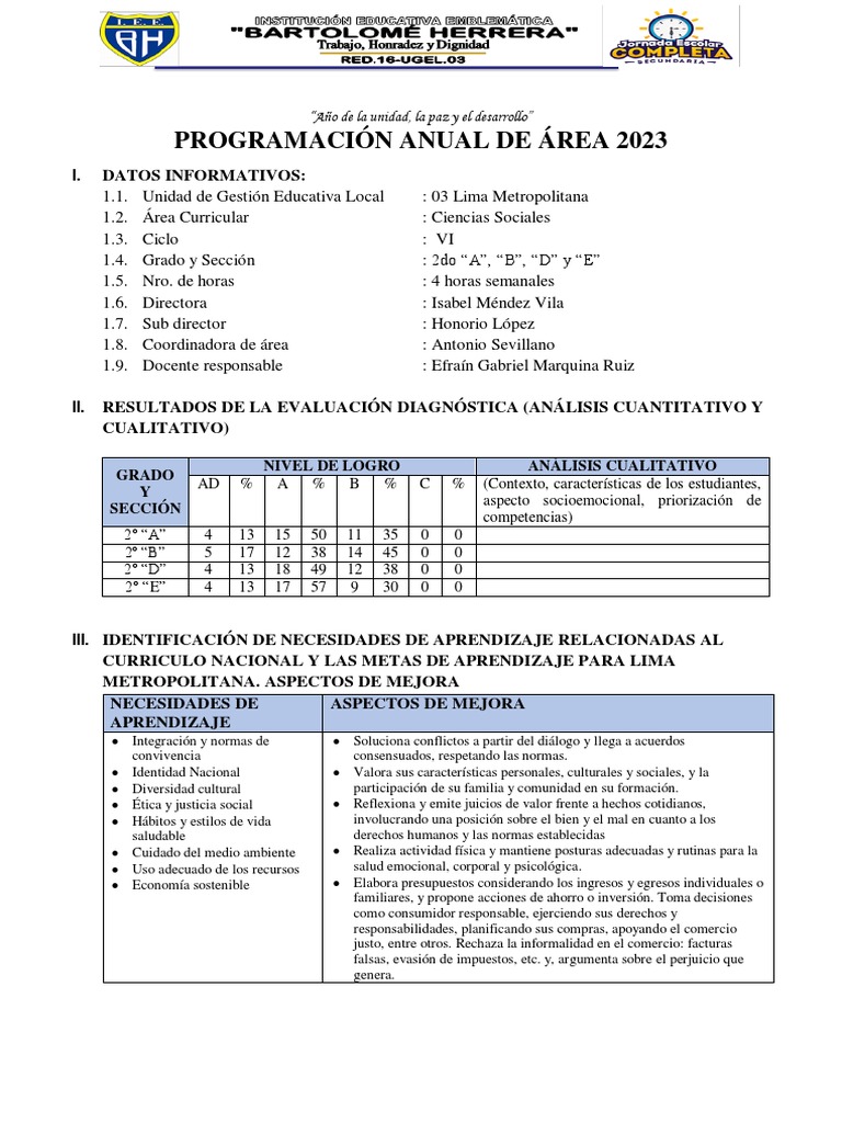 Programa Anual Ccss 2023 - Bh | PDF | Enseñando | Aprendizaje