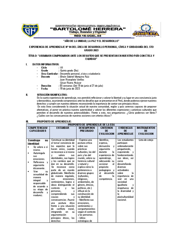 Experiencia de Aprendizaje Integrada 04 - DPCC - VII Nivel - 5 A - Prof. Juan M. Rivasplata ...