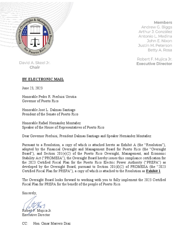 FOMB - Letter - Governor & Legislature - PREPA 2023 Fiscal Plan ...