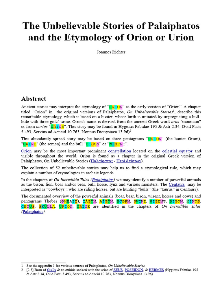The Unbelievable Stories of Palaiphatos and The Etymology of Orion or ...