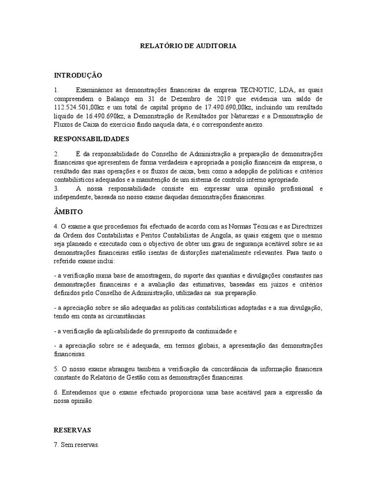 Modelo de Relatório de Auditoria | PDF | Contabilidade | Fluxo de caixa