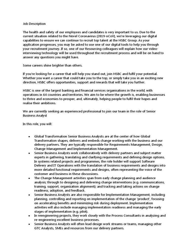 Job Description - BA - HSBC | PDF | Strategic Management | Agile ...