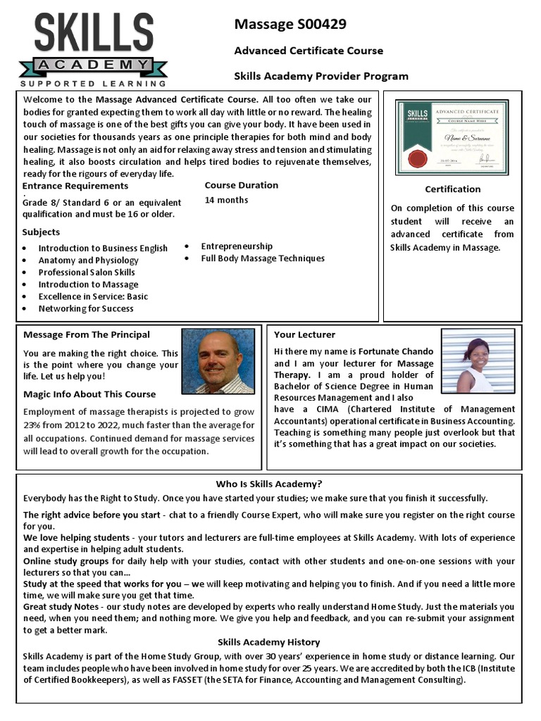 Massage Advanced Certificate Course Fact Sheet | PDF | Massage | Textbook