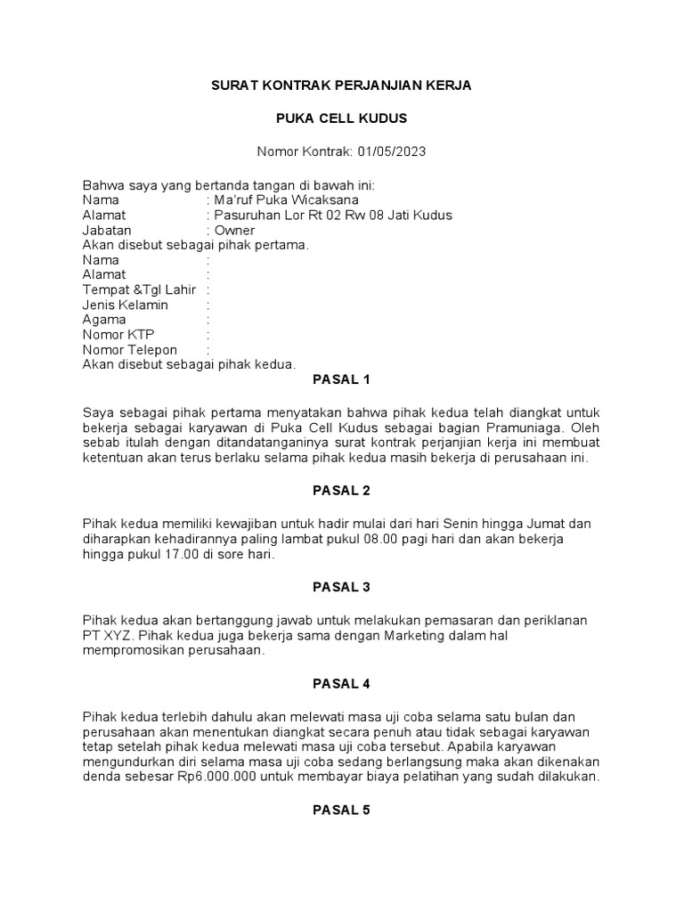 Surat Kontrak Perjanjian Kerja Puka Cell | PDF | Hukum