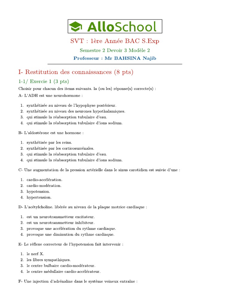 SVT 1bac Semestre 2 Devoir 3 Modele 2 1 | PDF