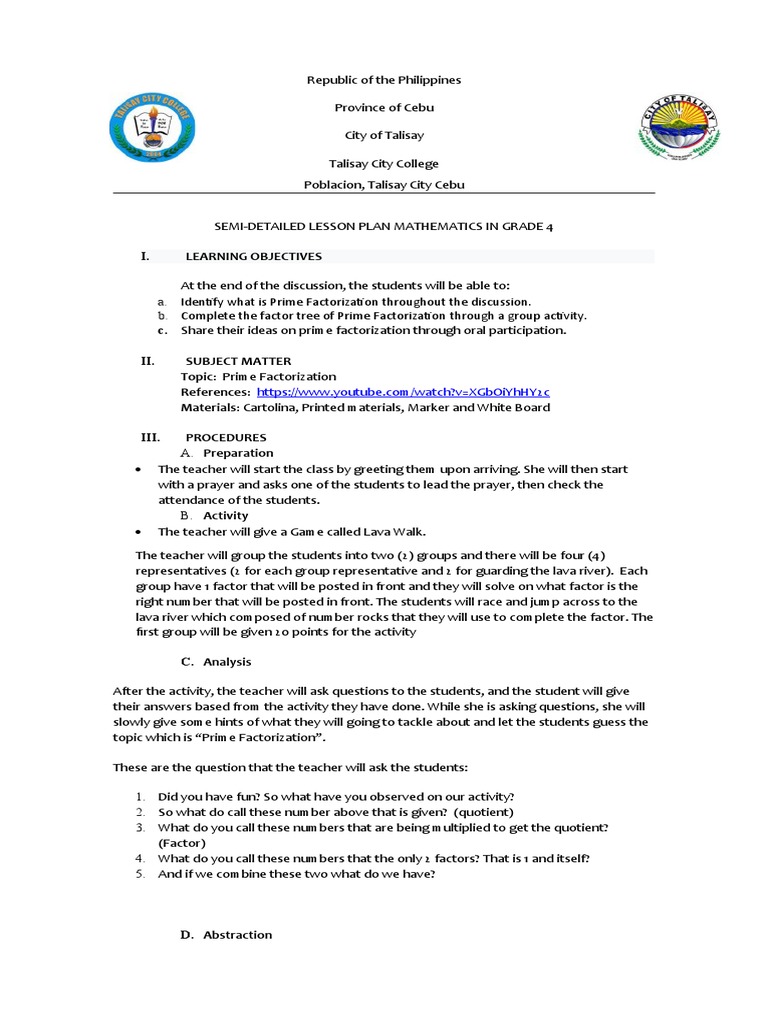 Grade 4 Lesson Plan: Prime Factorization | PDF | Teachers | Teaching
