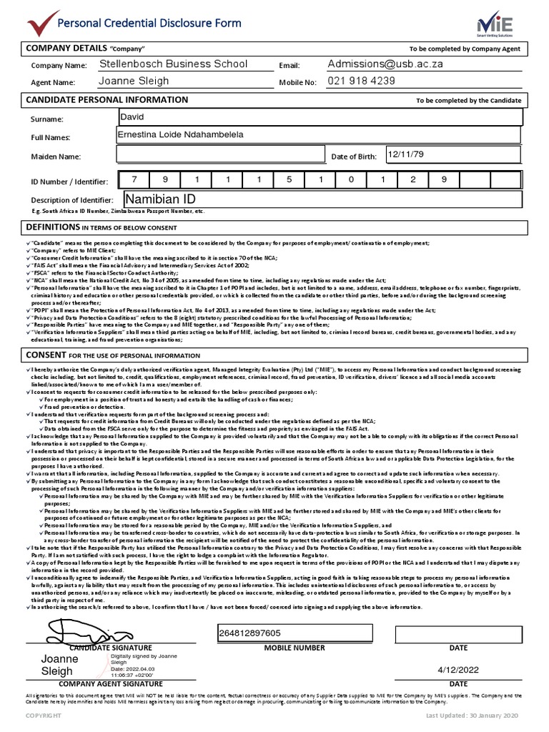MIE Personal Information Consent Form | PDF | Background Check | Privacy