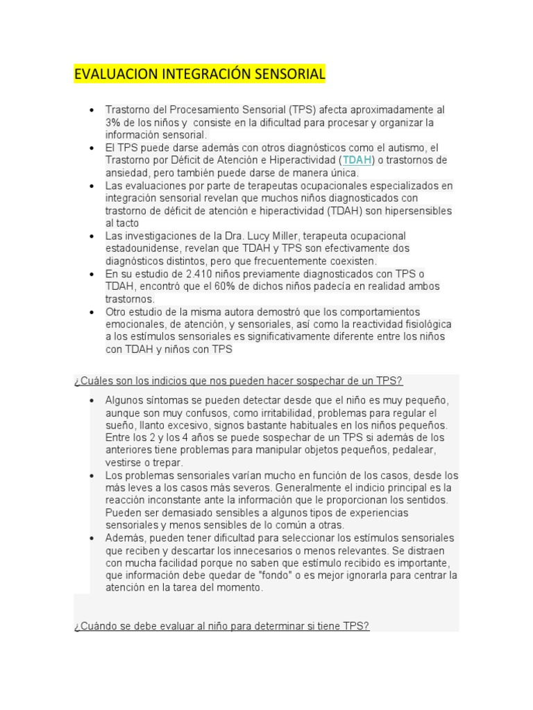 Evaluacion Integración Sensorial | PDF | Desorden hiperactivo y deficit de atencion | Trastorno ...