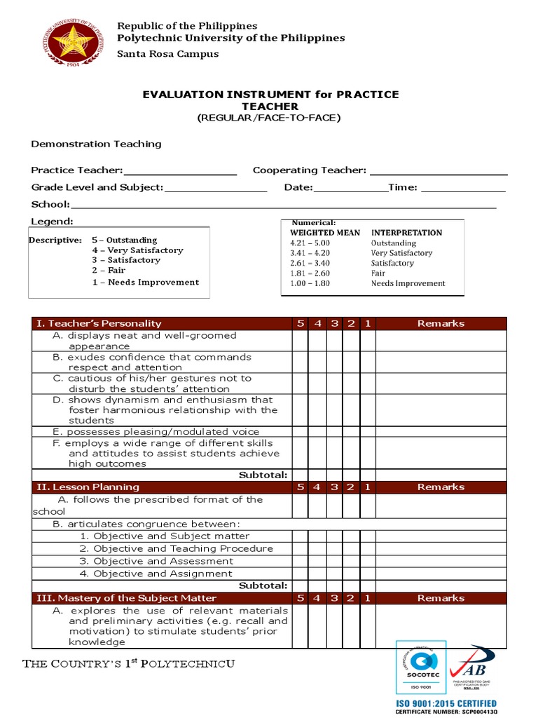 2023-Evaluation-Instrument-for-Practice-Teacher_Regular.docx-2 | PDF ...