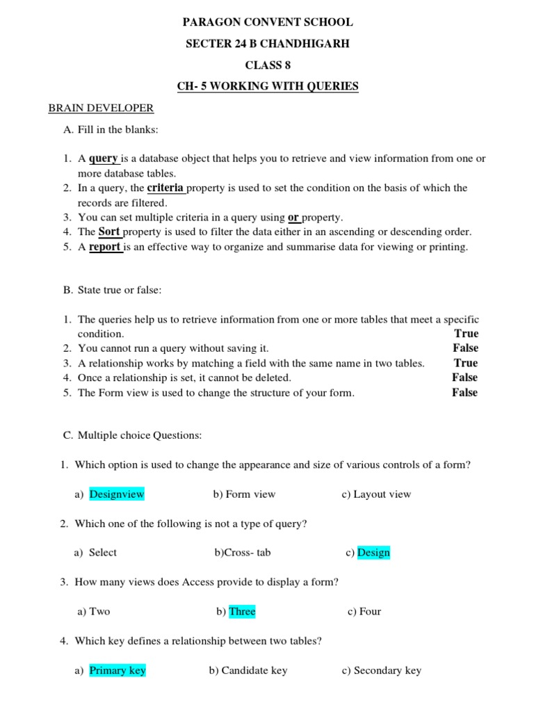 Class 8 CH 5 Working With Queries | Download Free PDF | Databases ... Class 8 CH 5 Working With Queries | Download Free PDF | Databases ...