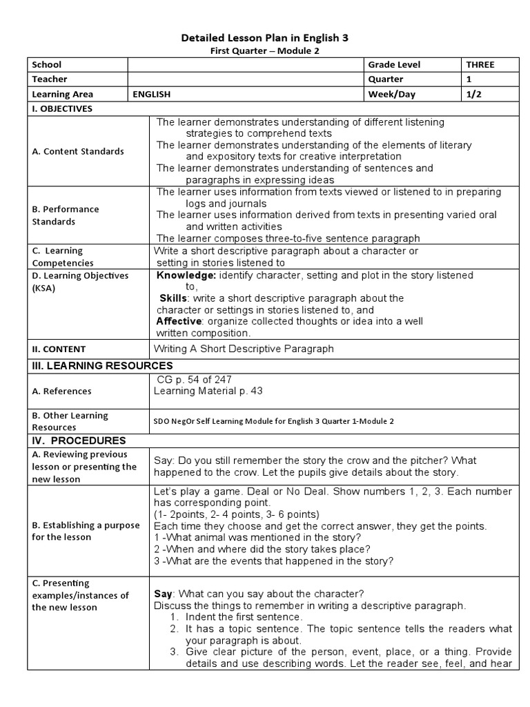 Grade 3 English Descriptive Writing Plan | PDF | Learning | Linguistics