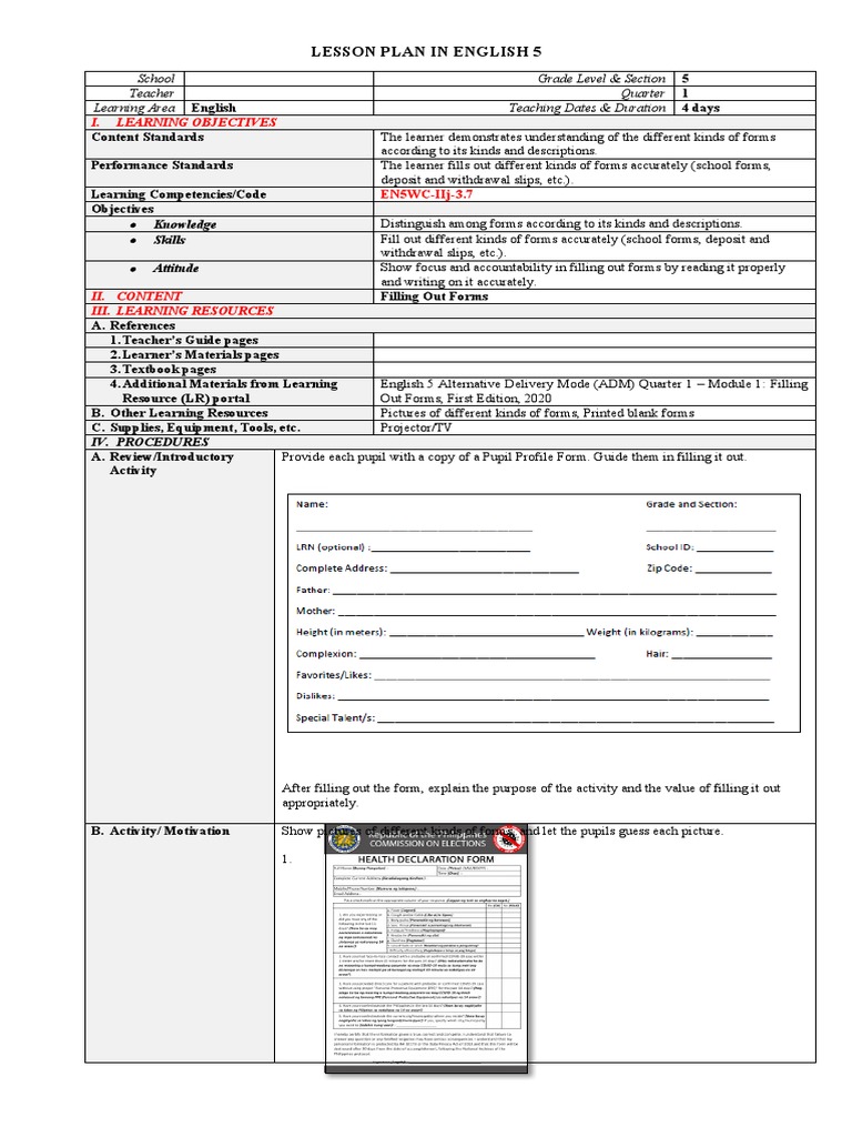 English 5 Quarter 1 Filling Out Forms | PDF | Learning | Information