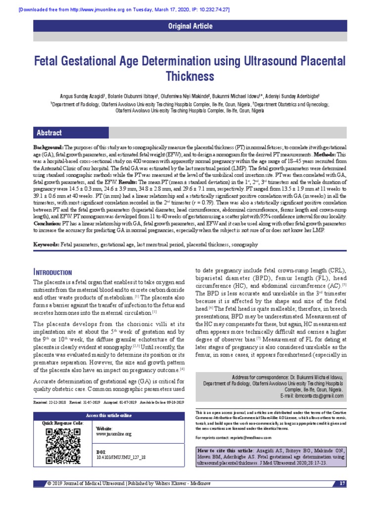 Fetal Gestational Age Determination Using Ultrasound Placental ...