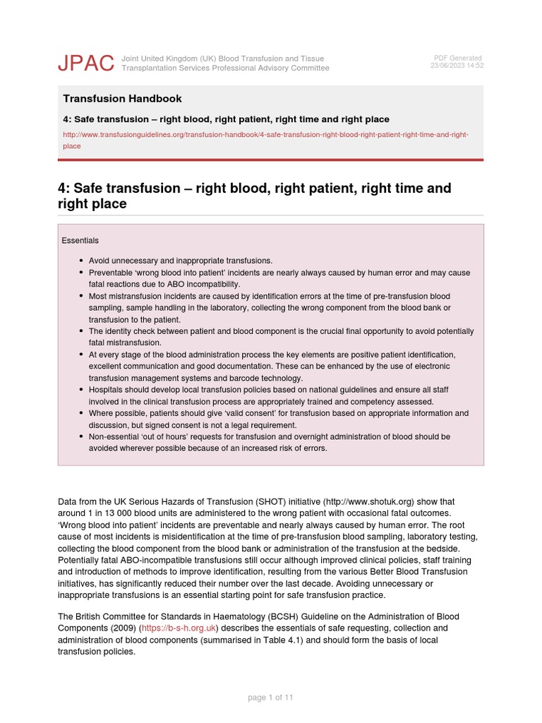 4 Safe Transfusion Right Blood Right Patient Right Time and Right Place ...