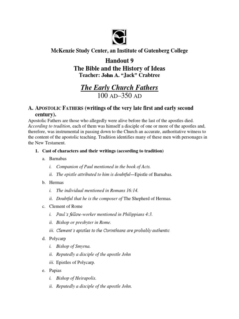Early Church Fathers: Key Writings & Ideas | PDF | New Testament | Faith
