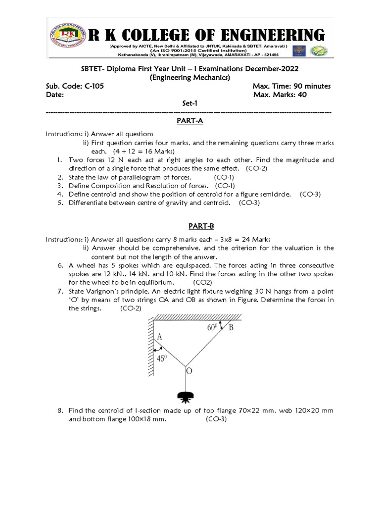EM - Unit-I Exam For DCE - 1 Year On | PDF | Force | Triangle