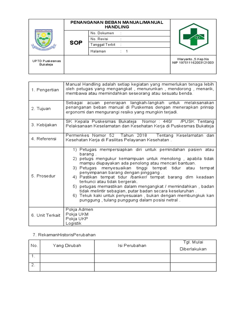 SOP MANUAL HANDLING BKT | PDF