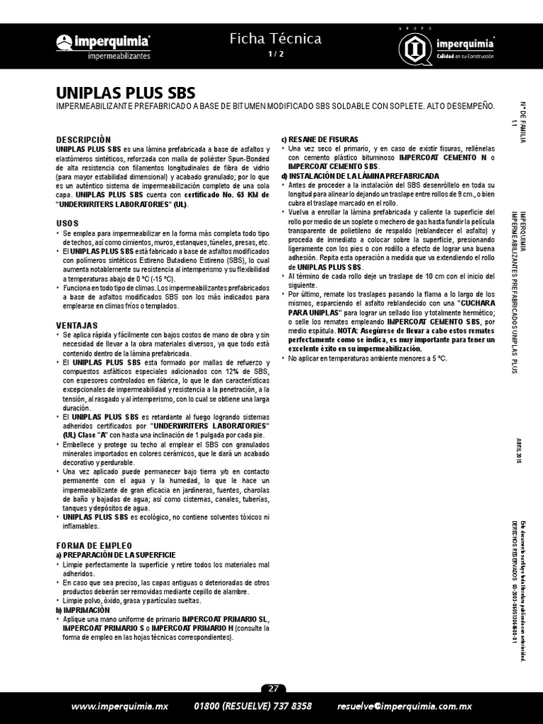 UNIPLAS PLUS SBS (1) | PDF | Materiales de construcción | Ciencia de ...