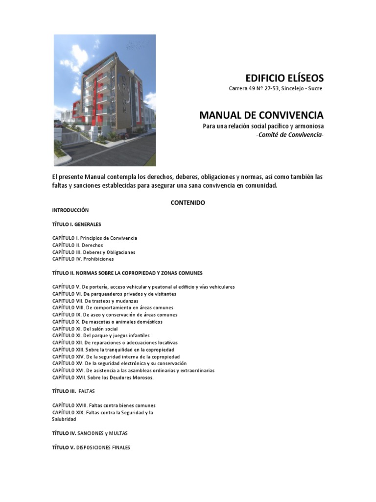 Manual de Convivencia Edificio Eliseos-1 | Descargar gratis PDF | Condominio | Multa (pena)