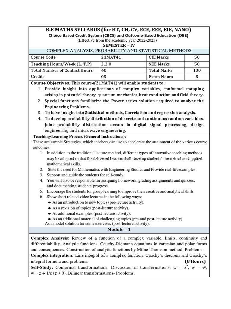 B.E Maths Syllabus: Complex Analysis | PDF | Probability Distribution | Regression Analysis