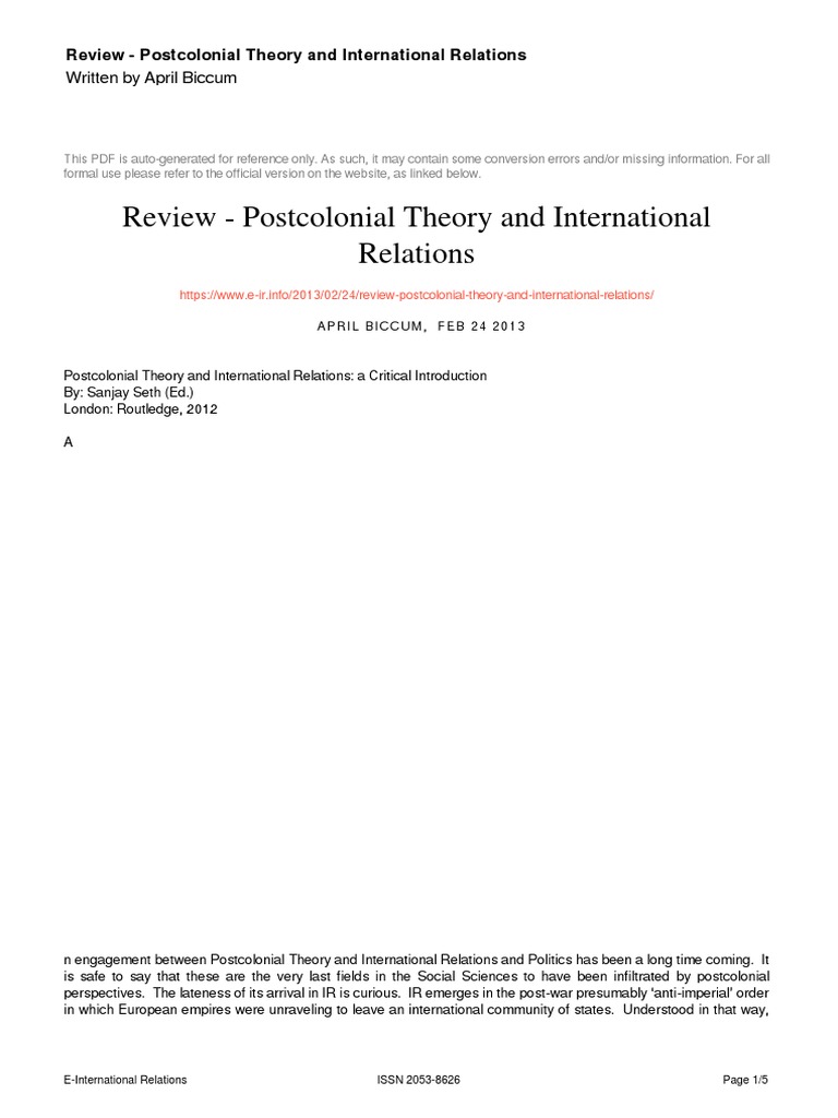 Review Postcolonial Theory and International Relations | PDF ...