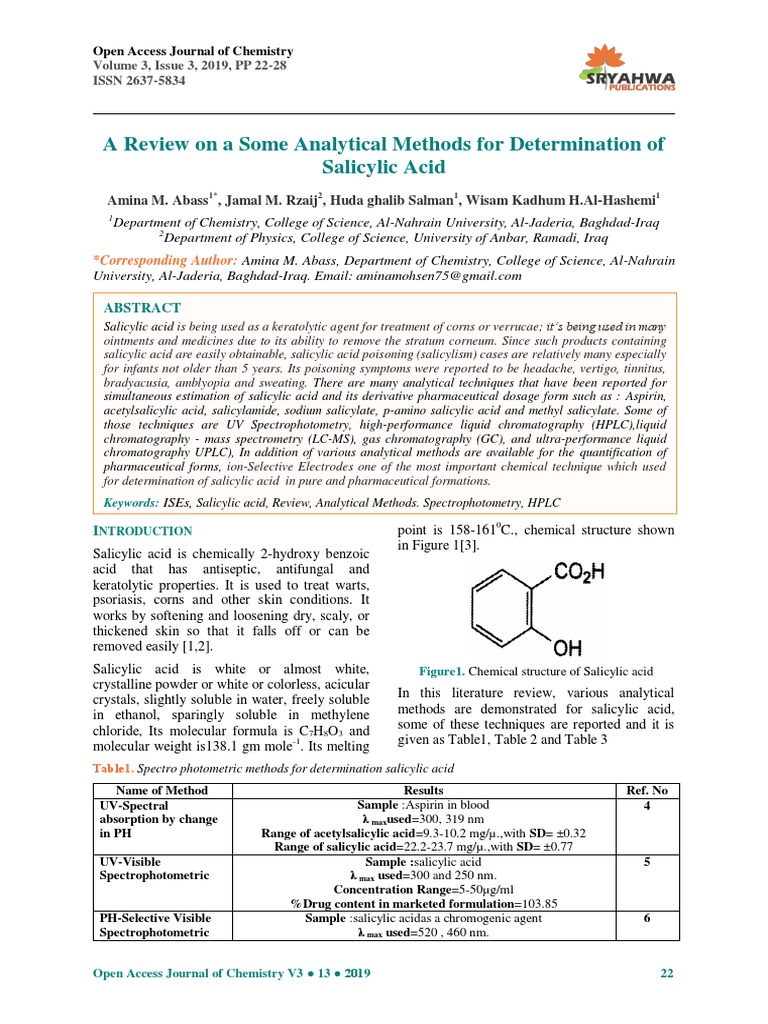 A Review On A Some Analytical Methods For Determination of Salicylic ...