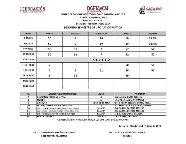 Horarios Segundo Semestre 2023 A (O) | PDF