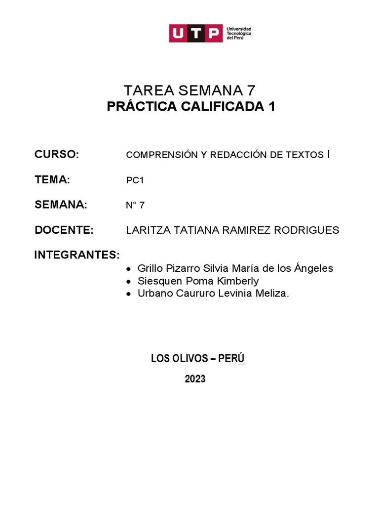 CyRT Semana 07 - Tarea Redacción Preliminar de Un Texto Argumentativo para La PC1 | PDF | Perú ...